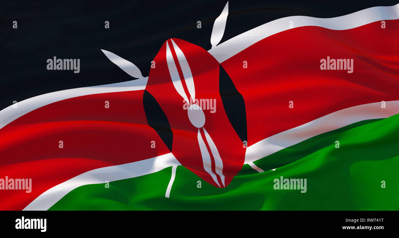 Fluttering silk flag of Kenya in the wind, colorful background. 3d ...