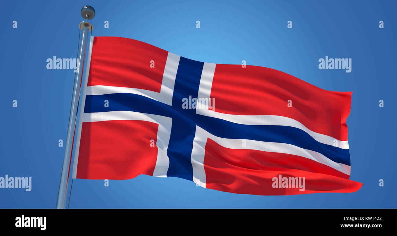 Fluttering silk flag of Norway. Norwegian official flag in the wind ...