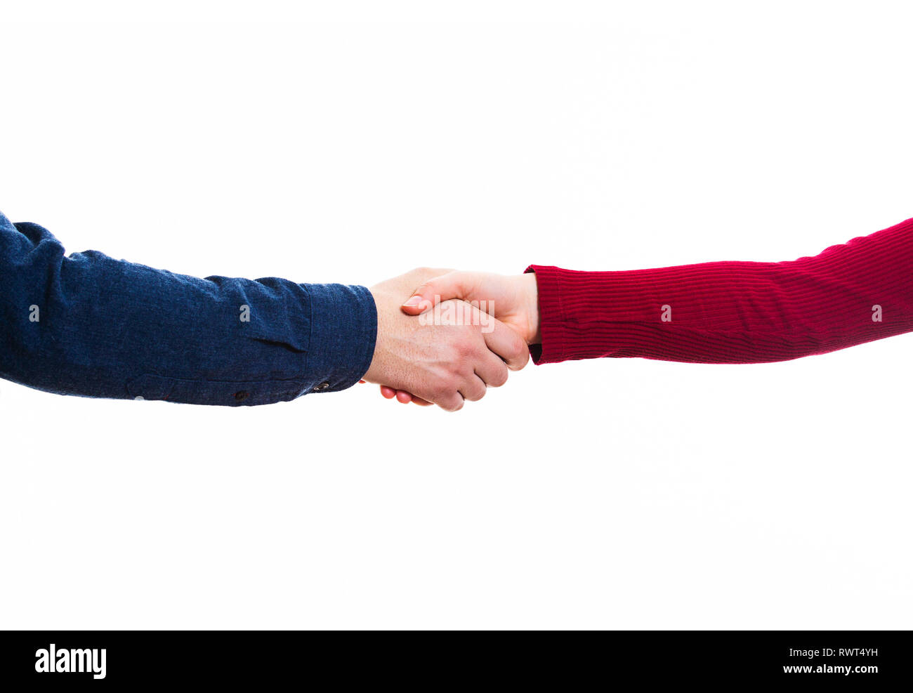 Close up of man and woman handshake isolated on white. Equal human ...