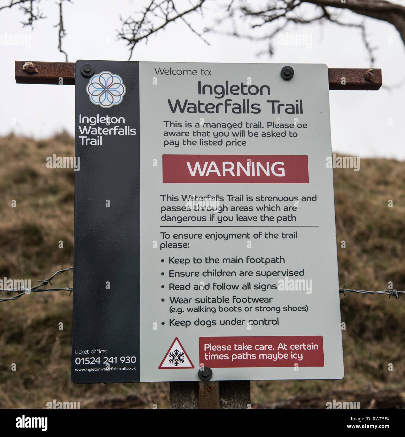 A safety warning sign on the Ingleton waterfall trail in the Yorkshire ...
