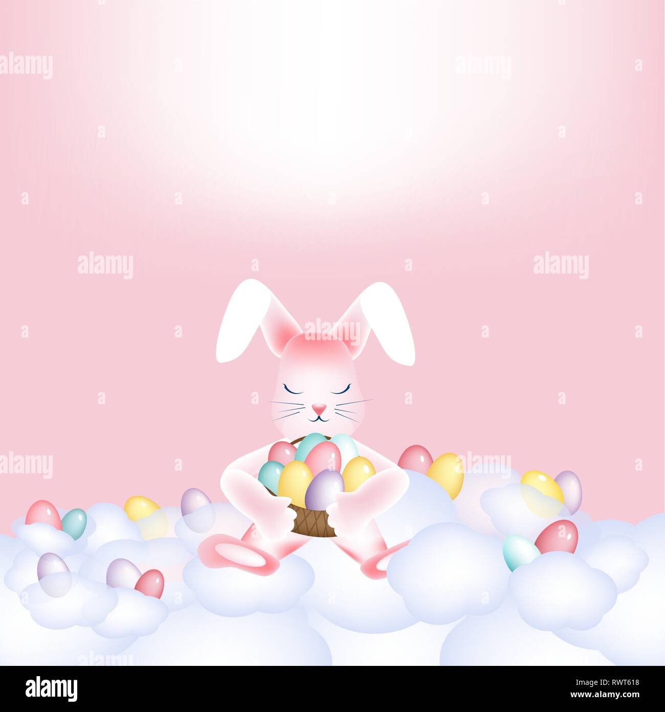 Easter bunny with a basket of colorful eggs napping on the clouds Stock ...