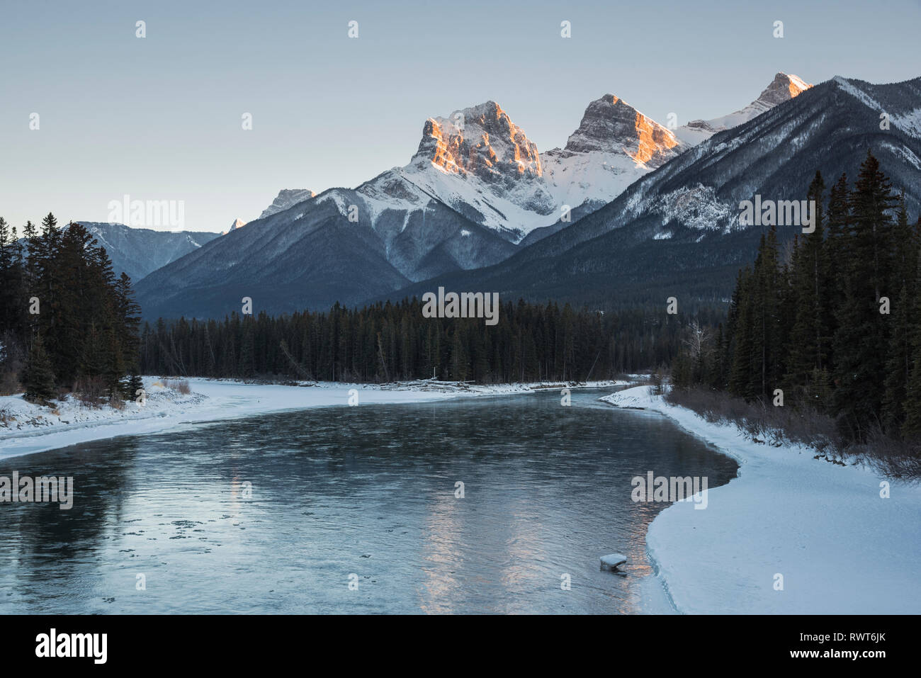 Three Sisters sunset with Bow River, Canmore, Alberta, Canada, Canadian ...