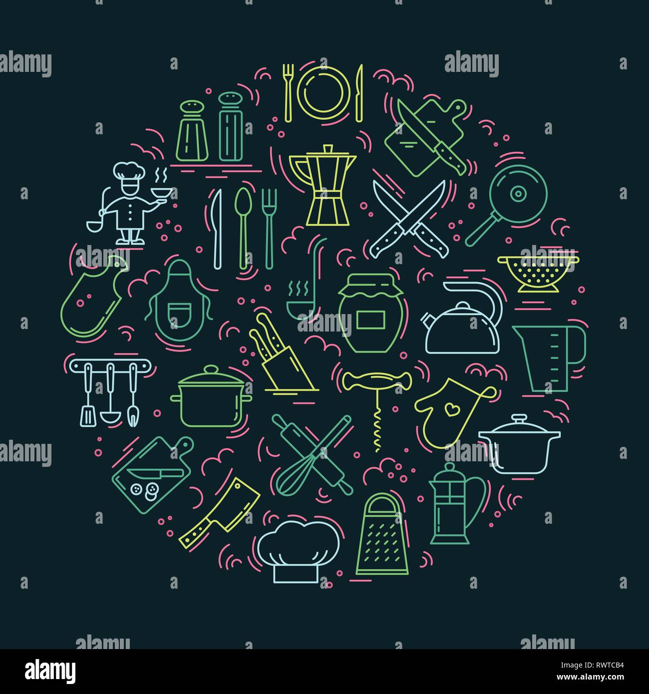 Cooking with love circular Background from icons on the theme of the ...