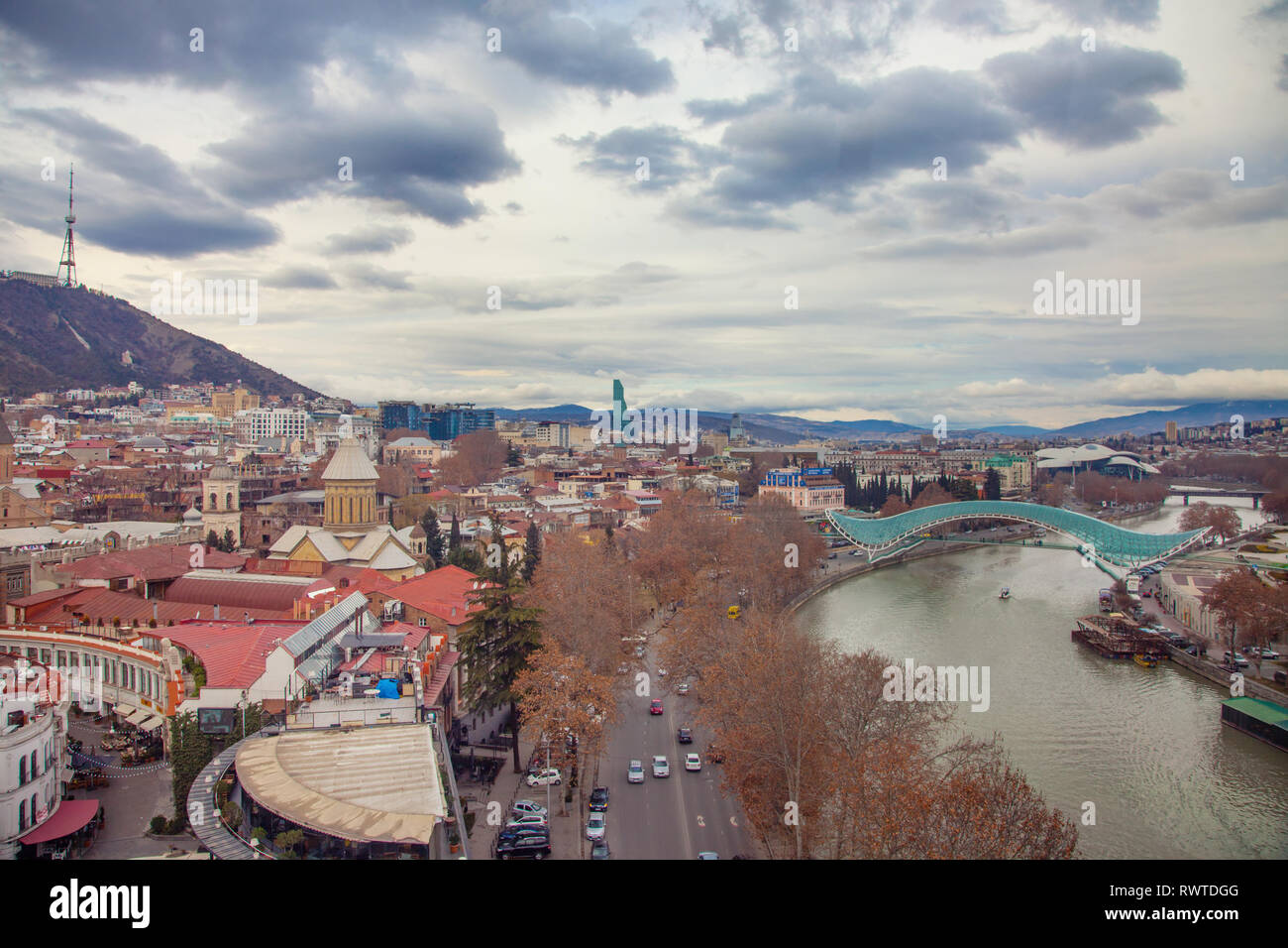 Historic Tiflis Panorama with river, bridge of peace and church Stock ...