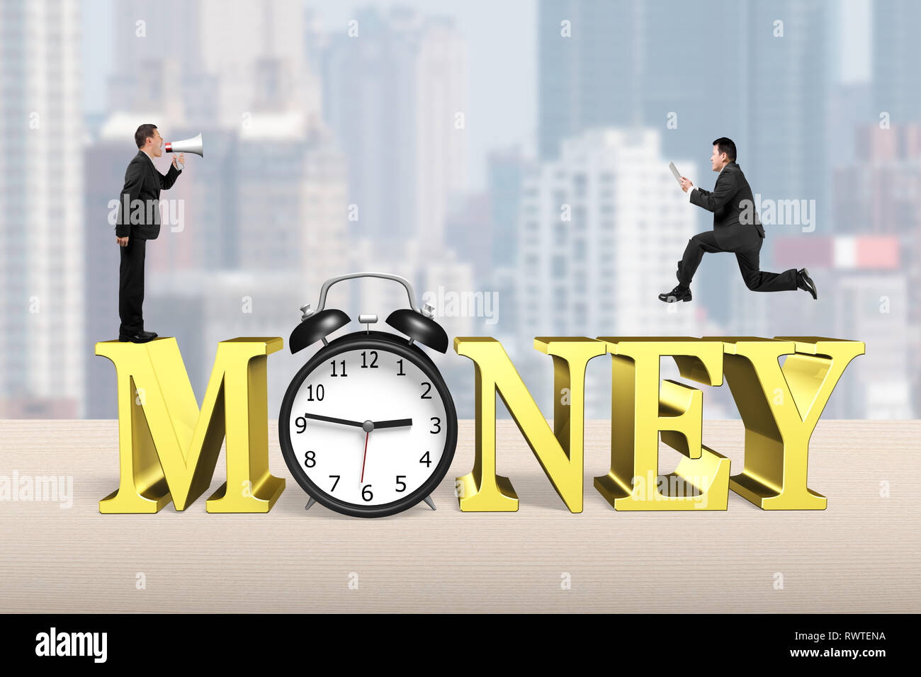 Boss using megaphone yelling at running employee holding table, on ...