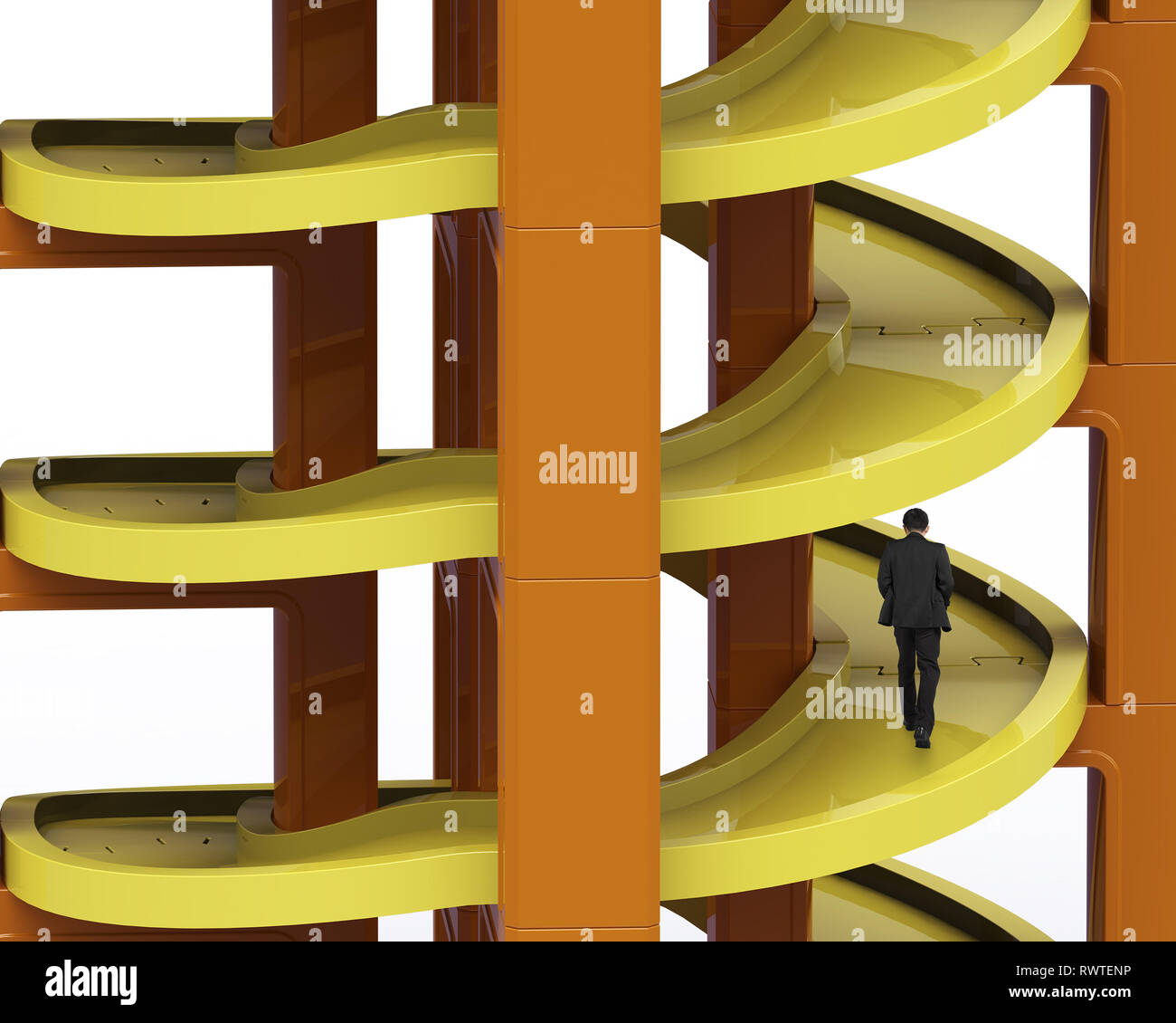 Businessman walking on unfinished spiral track in stacking blocks ...
