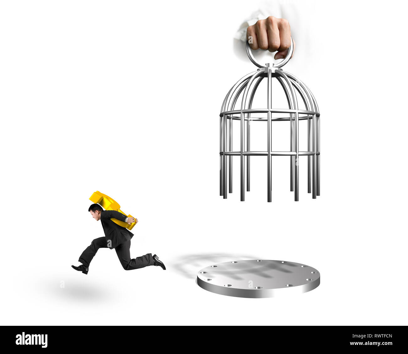 Hand opening the cage and man carrying golden dollar sign running ...