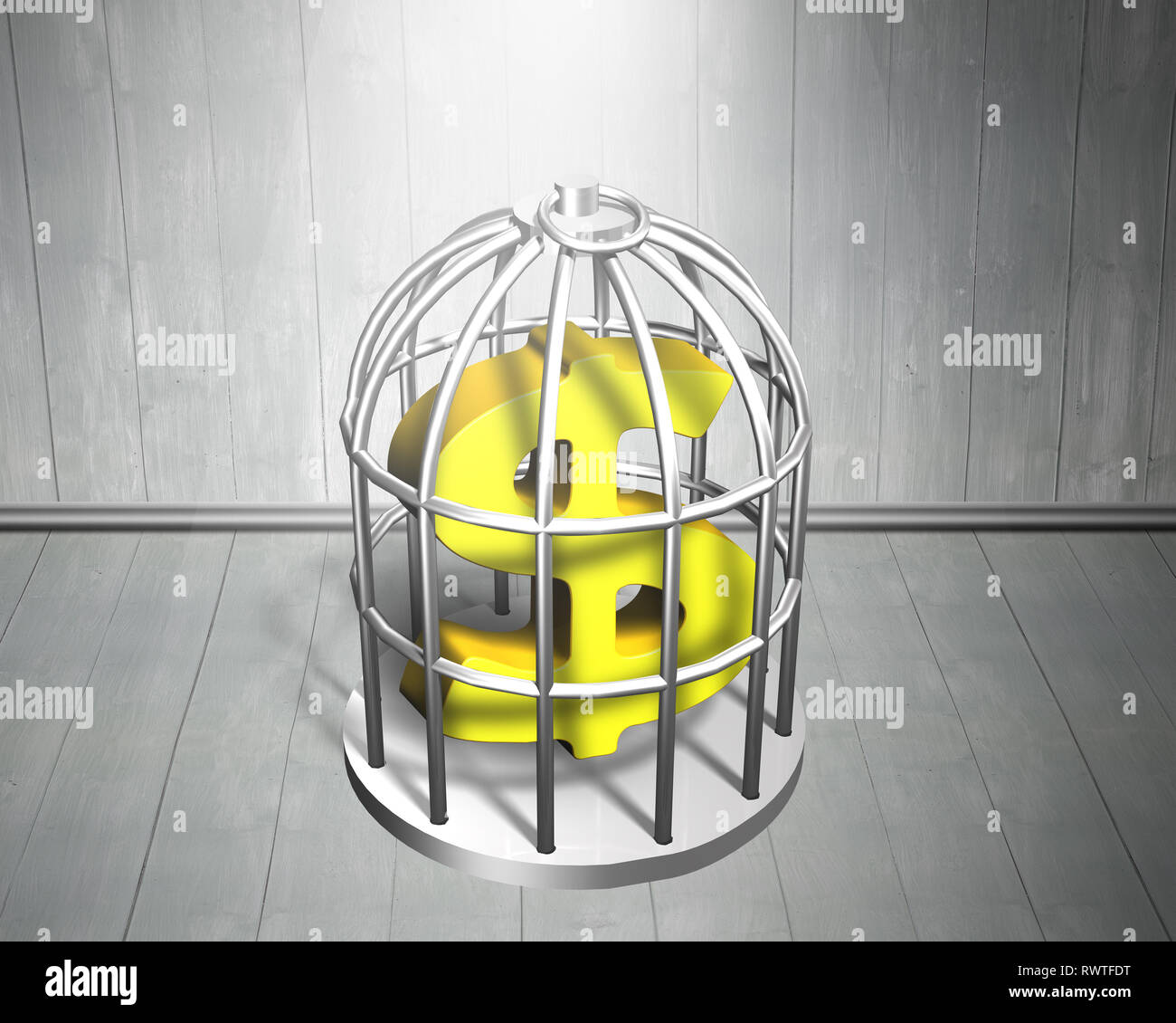 Golden dollar sign in the silver cage on wooden wall and floor ...