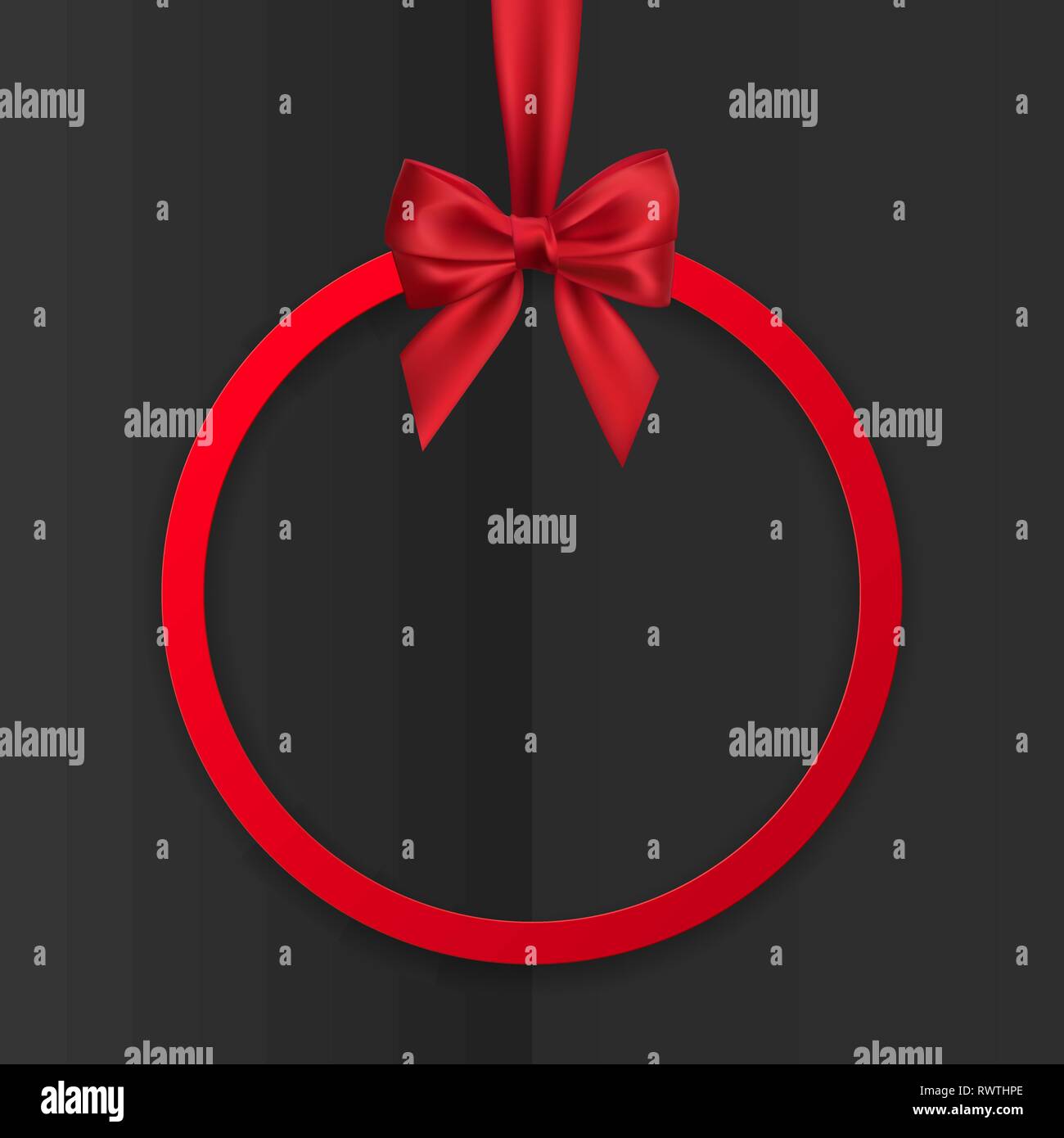 Bright holiday round frame banner hanging with red ribbon and silky bow ...
