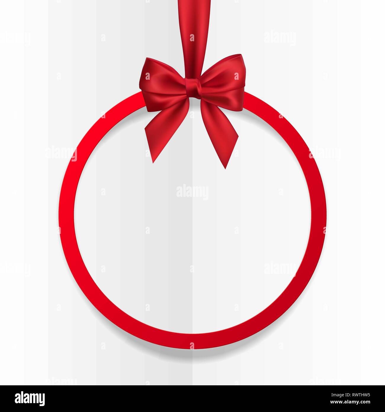 Bright holiday round frame banner hanging with red ribbon and silky bow ...