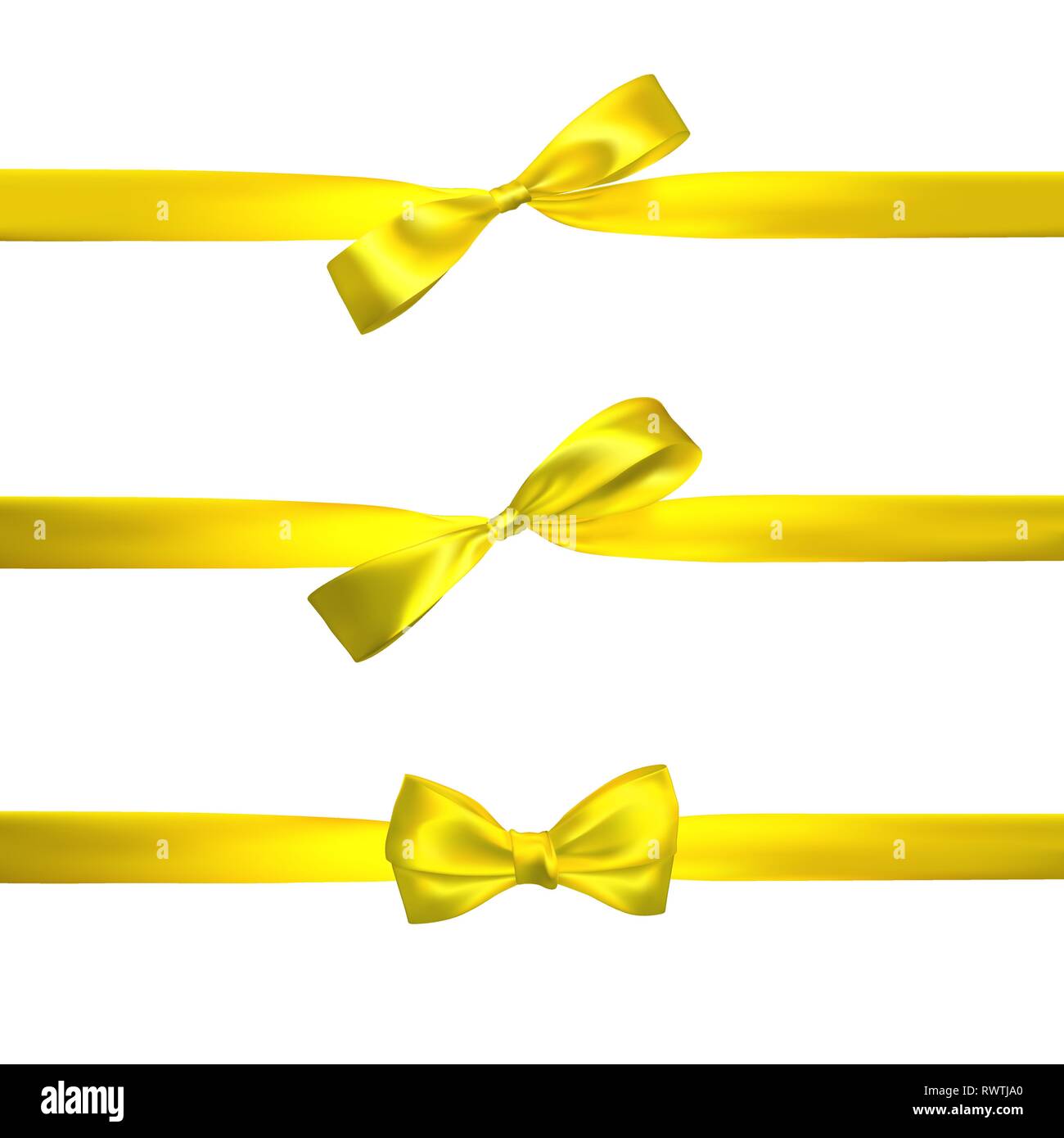 Realistic yellow bow with horizontal yellow ribbons isolated on white ...