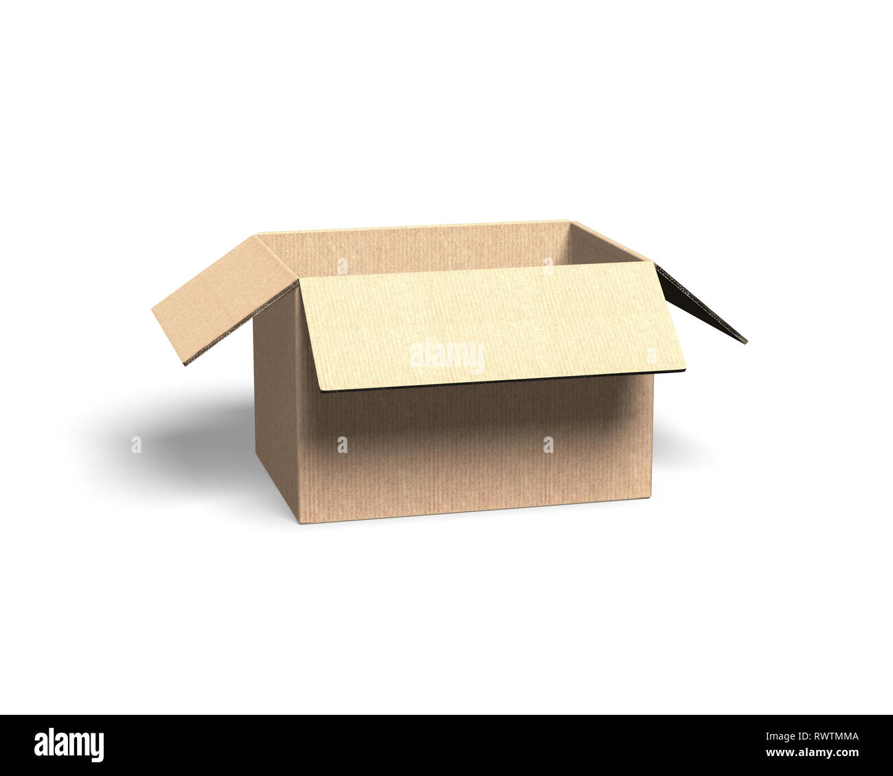 Opened cardboard box, isolated on white background, side view, 3D ...