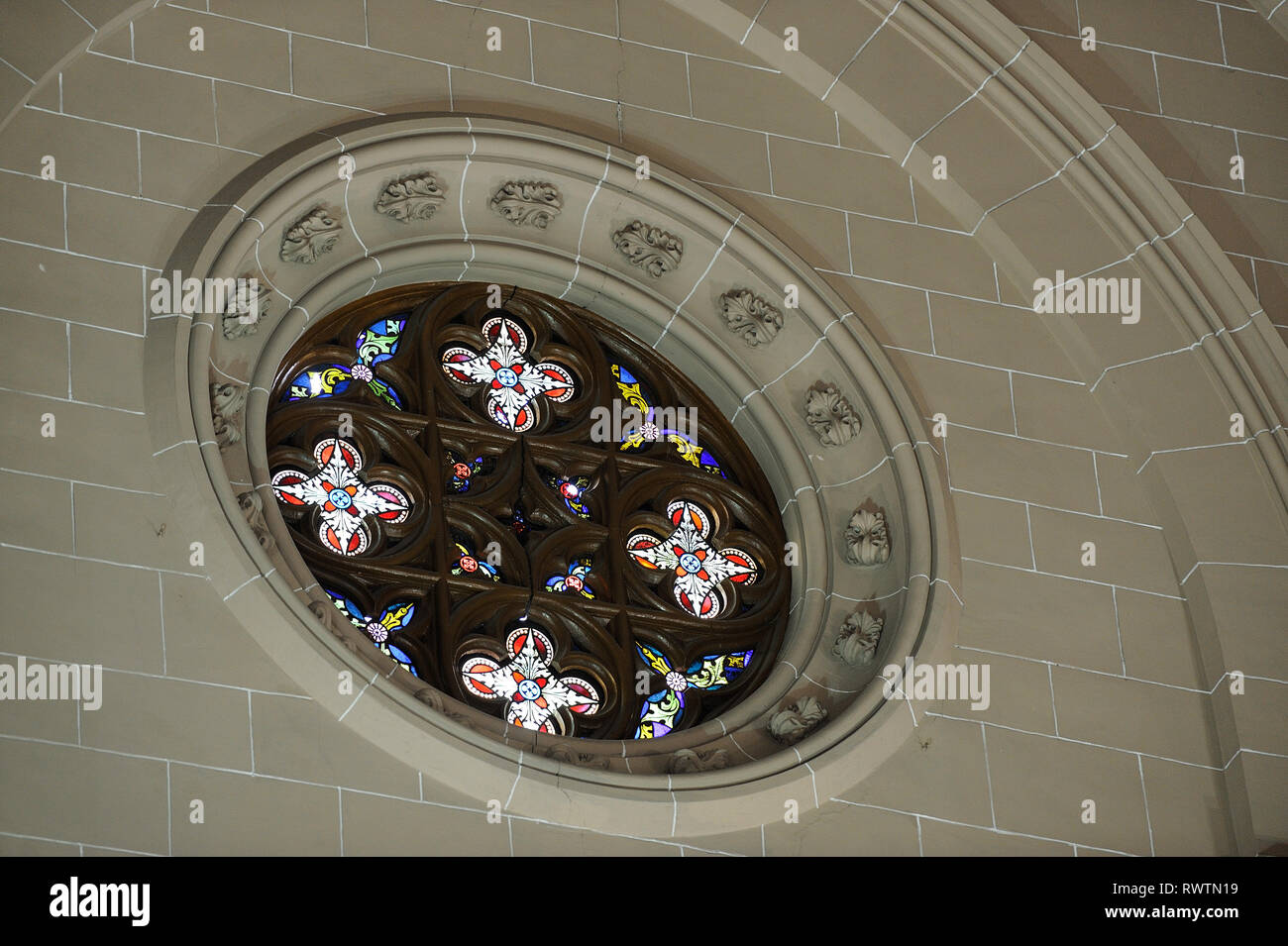 rose window with stained glass of catholic church Stock Photo - Alamy