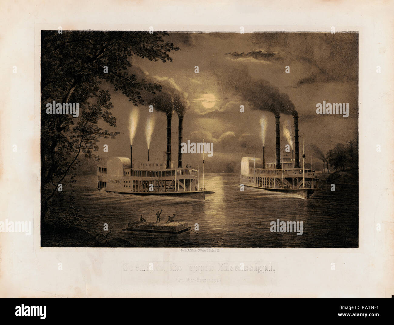 Two steamboats on the Mississippi and raft in foreground Stock Photo ...