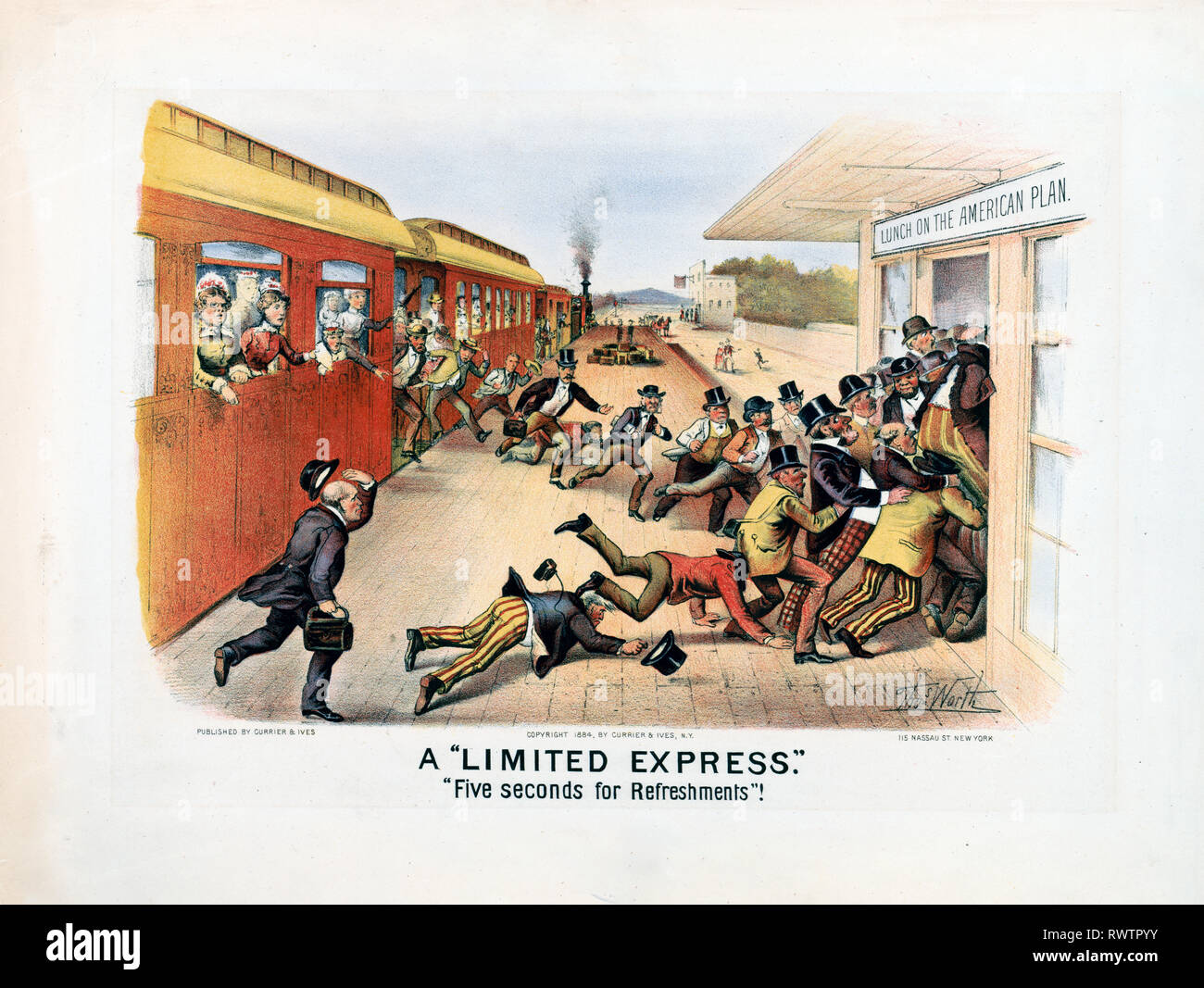 Passengers rush across a station platform from a train at left, pushing ...