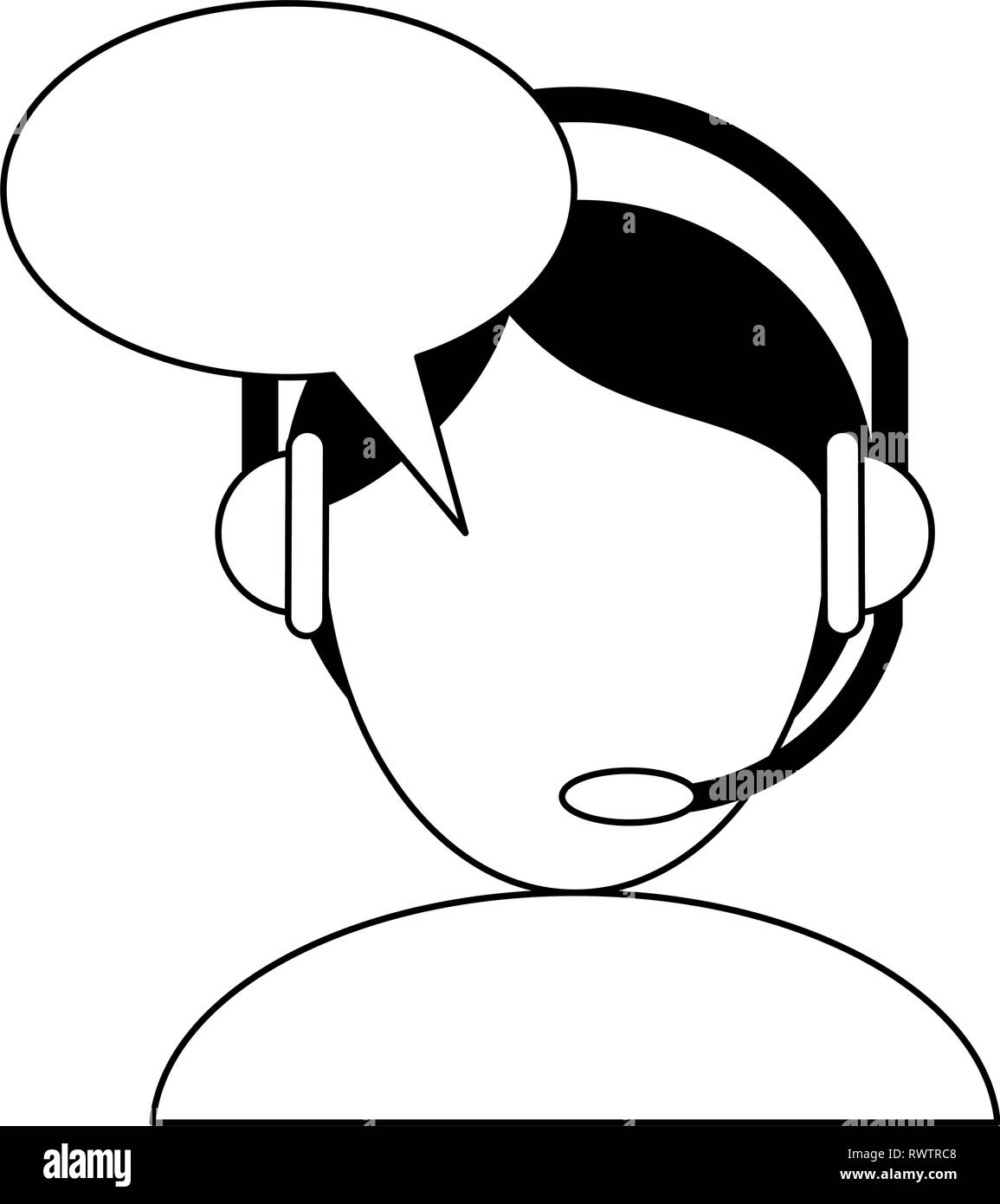 call center agent with headphones and blank bubble speech in black and ...