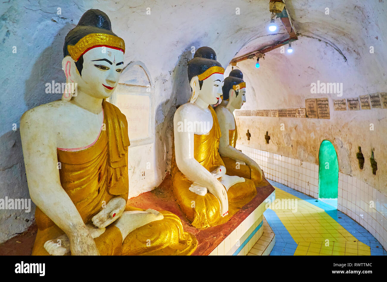 BAGO, MYANMAR - FEBRUARY 15, 2018: The narrow corridor of Shwe Gu Lay ...