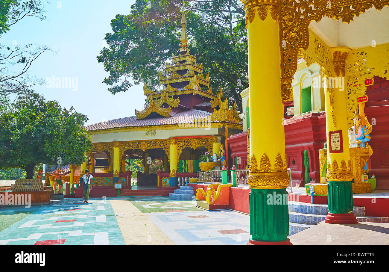 BAGO, MYANMAR - FEBRUARY 15, 2018: The outstanding architecture of Shwe ...
