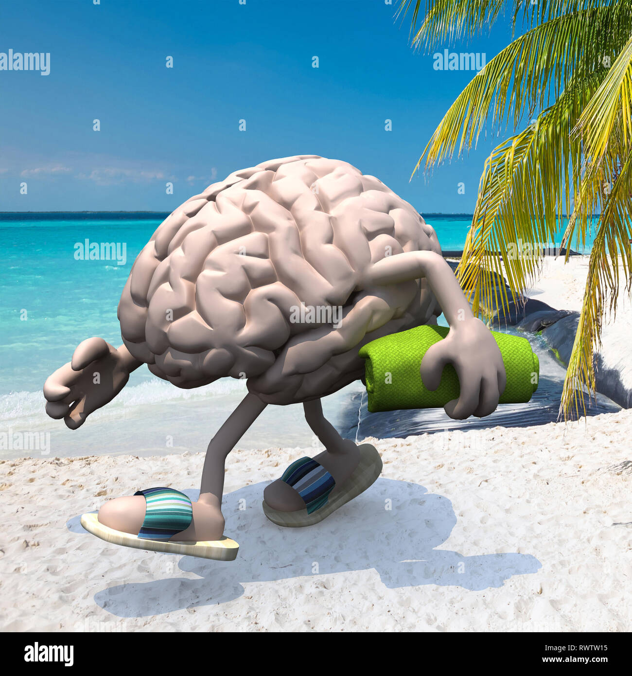 brain with arms, legs, sandals on feet and towel on hand on the beach ...