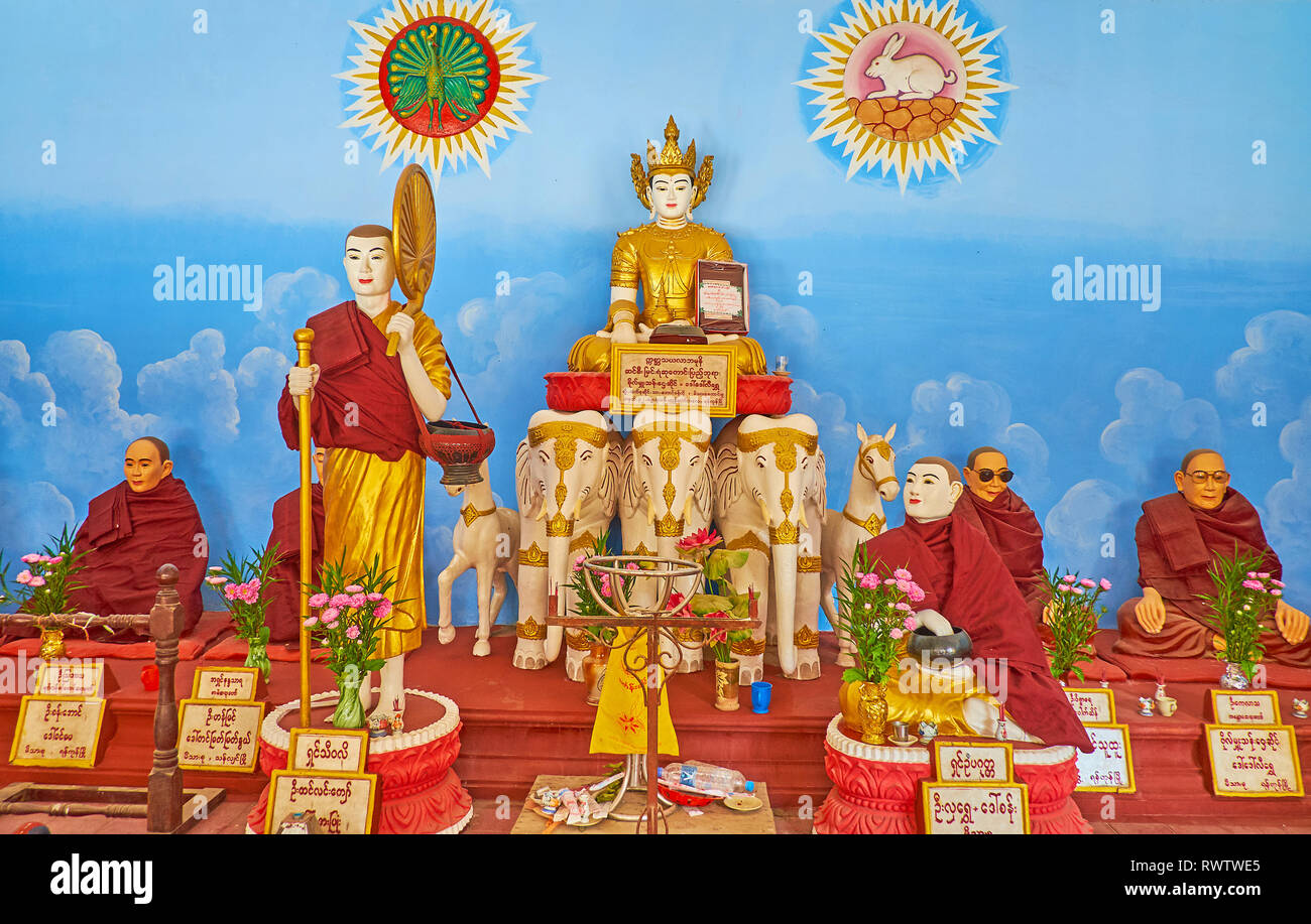 BAGO, MYANMAR - FEBRUARY 15, 2018: Interior of the shrine of Shwe Gu ...