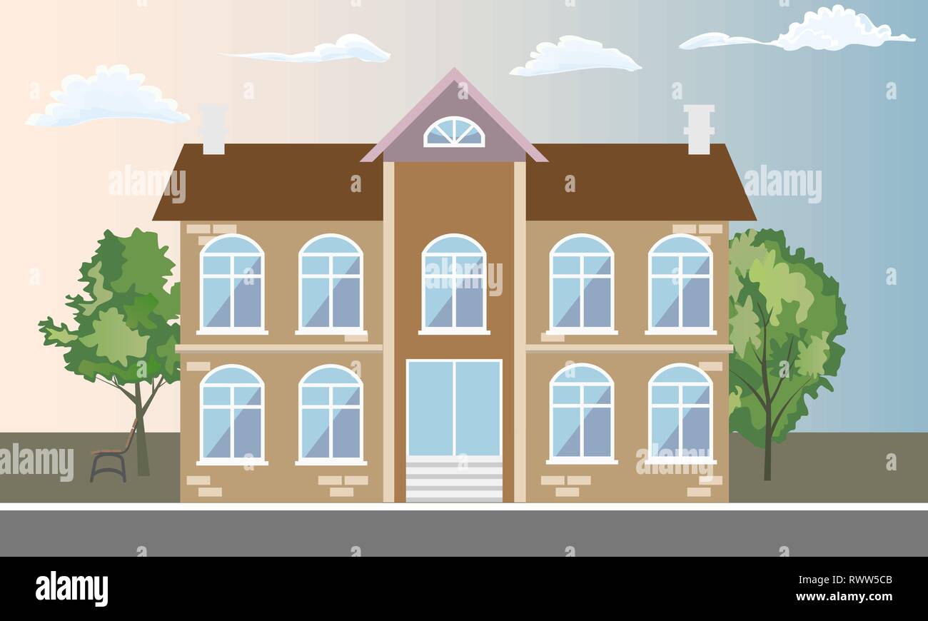 Cool detailed two floors house and trees with front view. Flat and ...