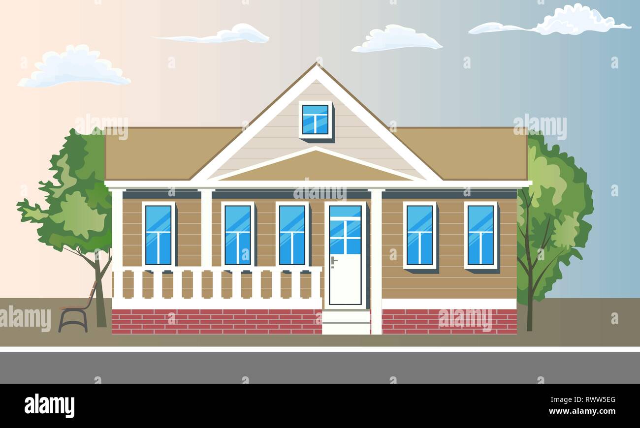 Cool detailed house and trees with front view. Flat and solid color ...