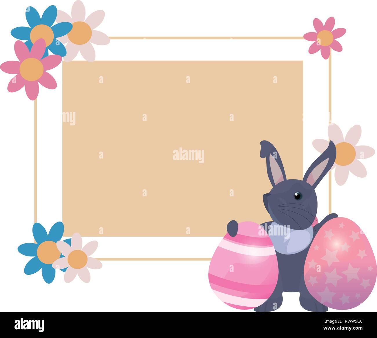 rabbit eggs flowers label frame easter vector illustration Stock Vector ...