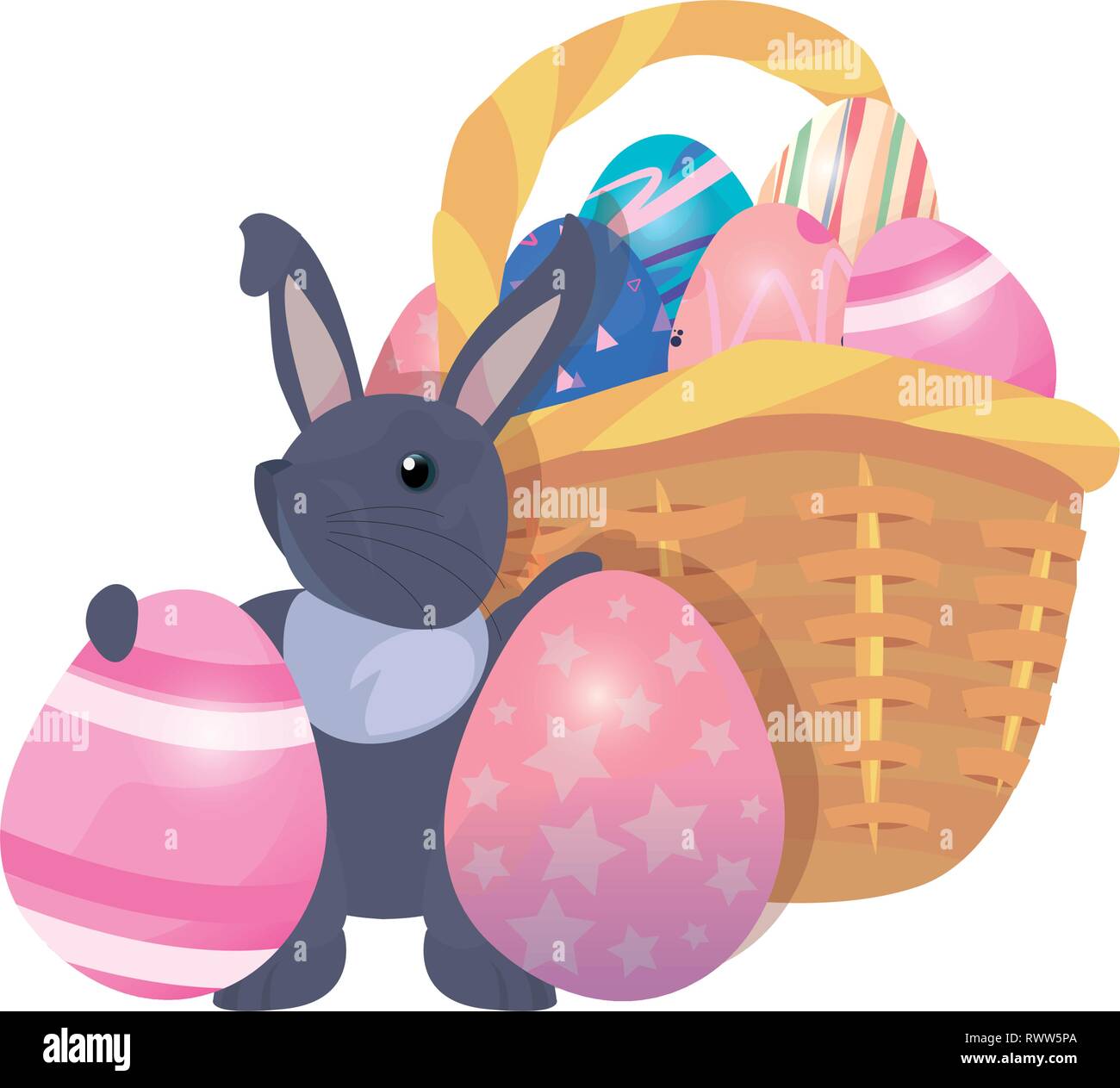 bunny basket filled eggs happy easter vector illustration Stock Vector ...