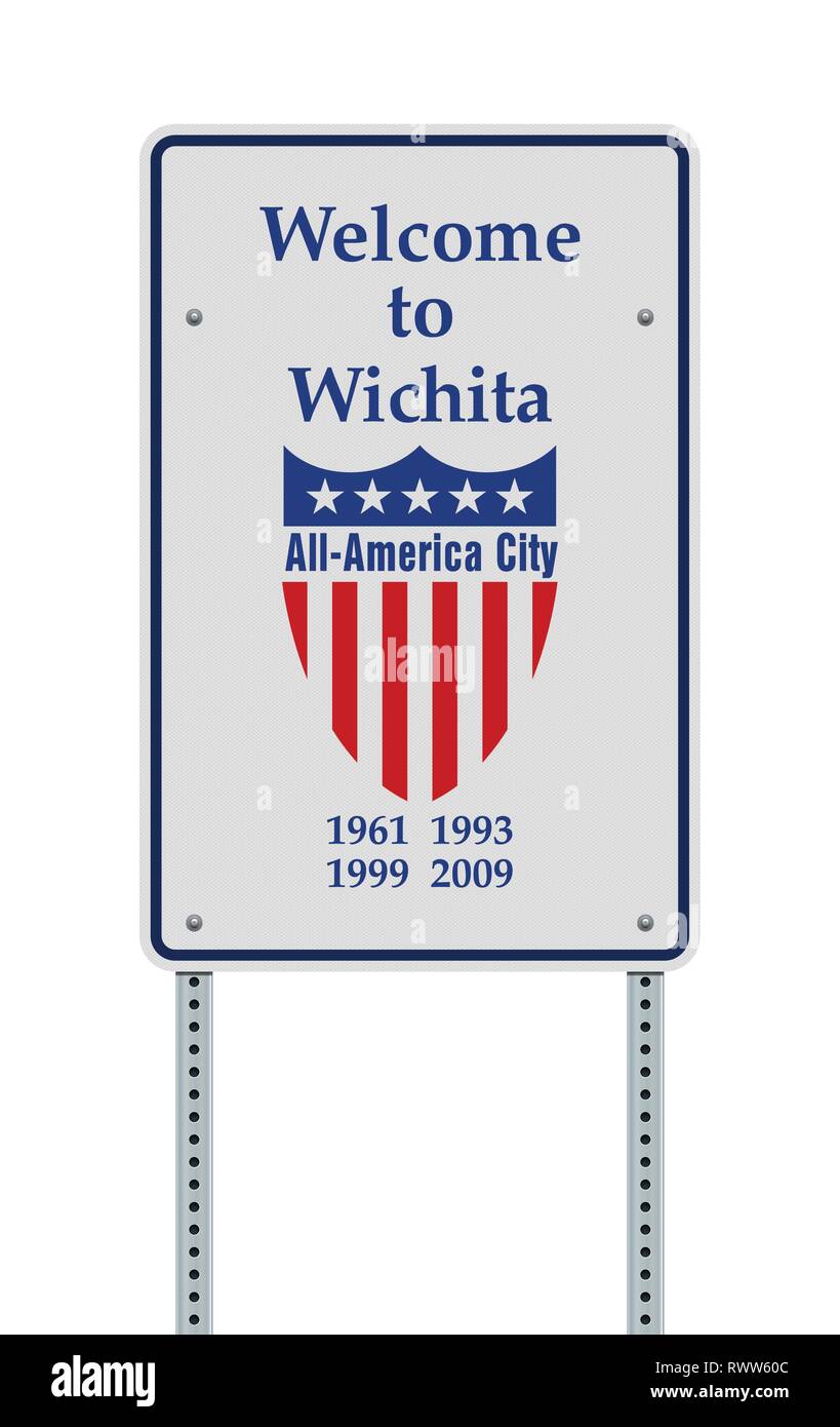 Vector illustration of the Welcome to Wichita white road sign Stock ...