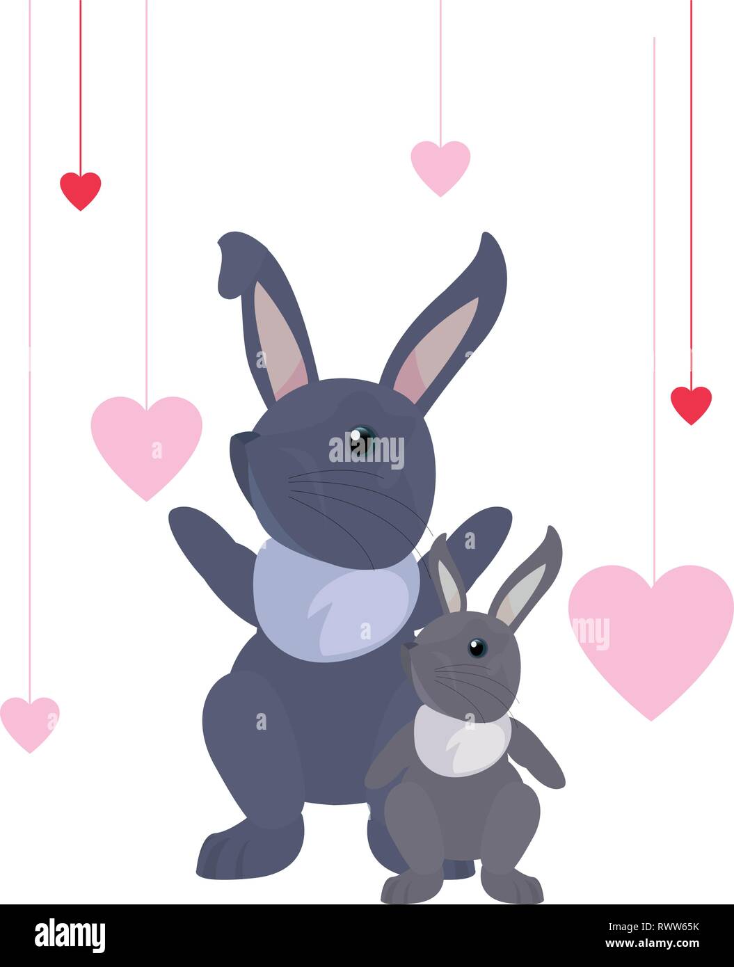 cute rabbits hanging hearts love cartoon vector illustration Stock ...