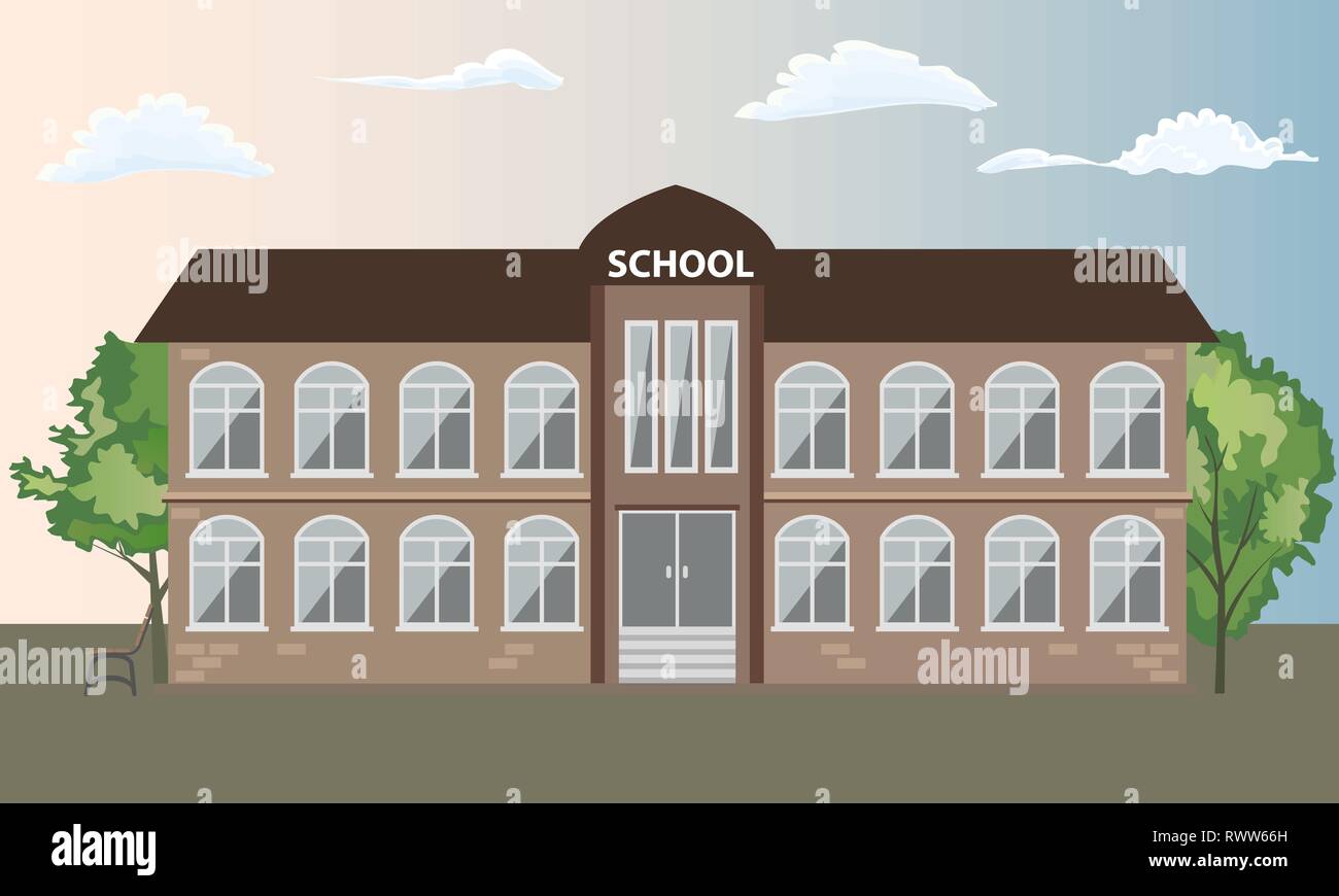 School building front view exterior with trees. Flat and solid color ...