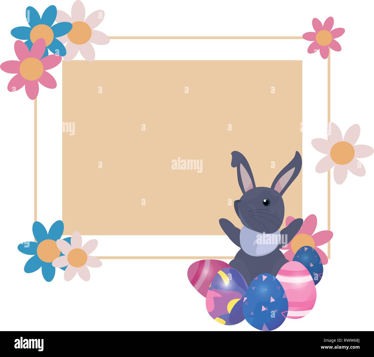 rabbit eggs flowers label frame easter vector illustration Stock Vector ...