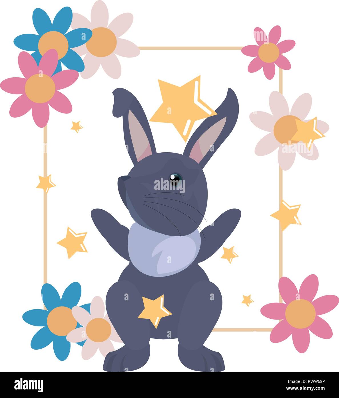 cute rabbit flowers frame cartoon on white background vector ...
