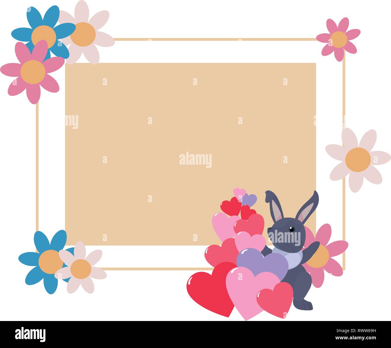 rabbit hearts flowers label frame easter vector illustration Stock ...
