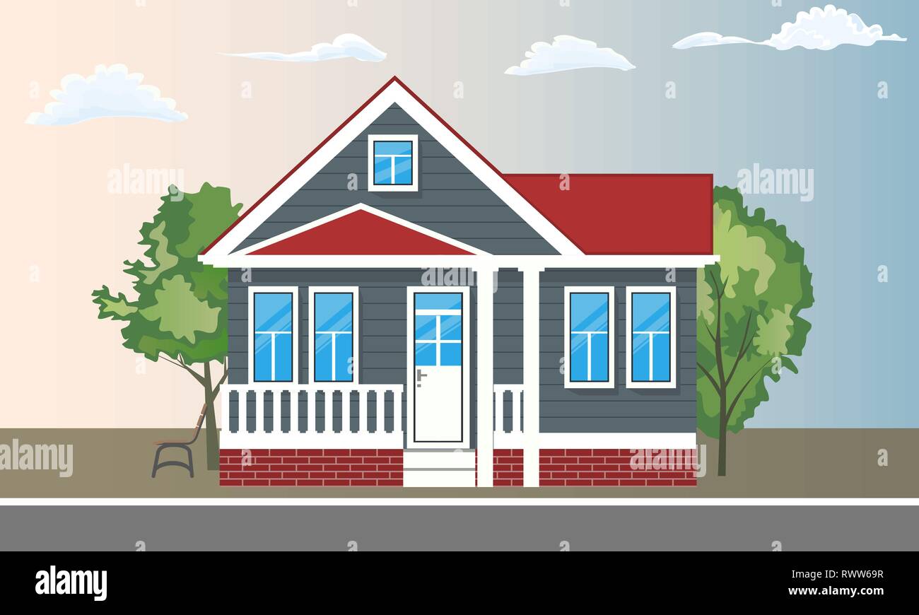 Cool detailed house and trees with front view. Flat and solid color ...