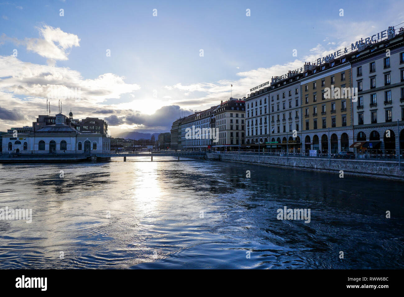 Twilight on the Rhone river, Geneva, Swiss Stock Photo - Alamy