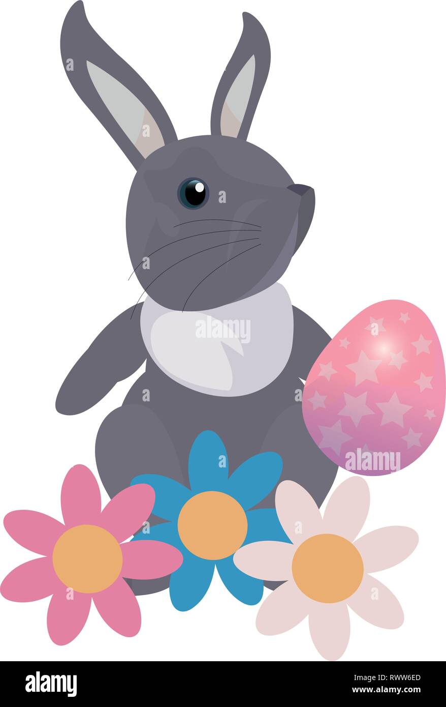 cute bunny and egg painting flowers easter vector illustration Stock ...