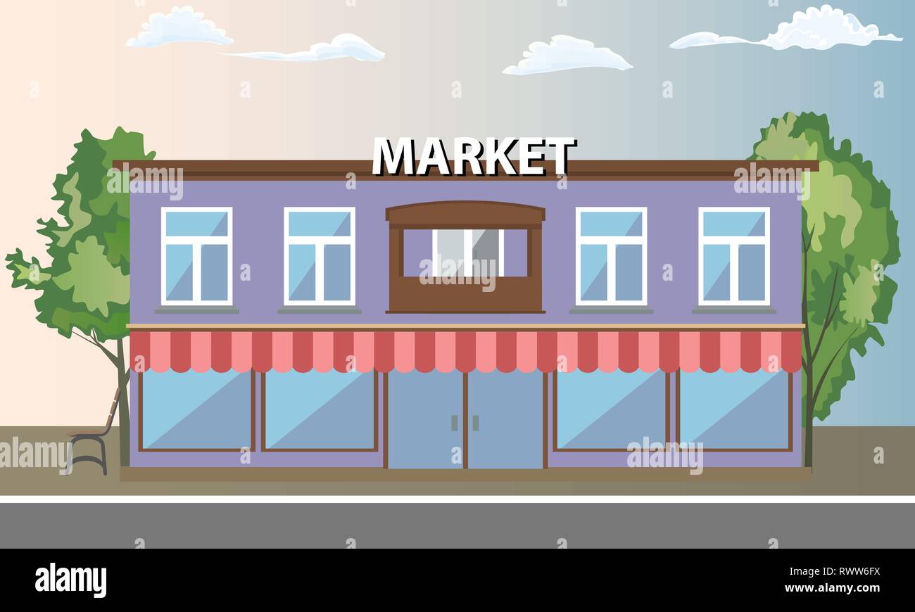 Supermarket building, shopping market with front view. Vector ...
