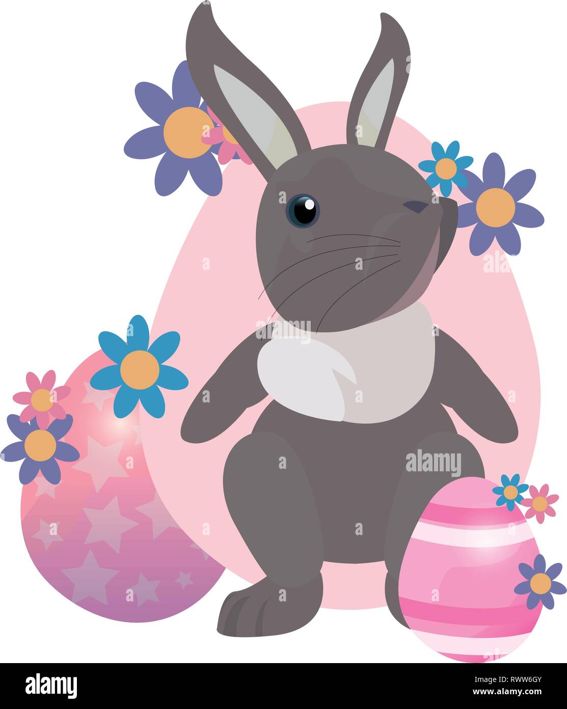 cute bunny and eggs painting flowers easter vector illustration vector ...