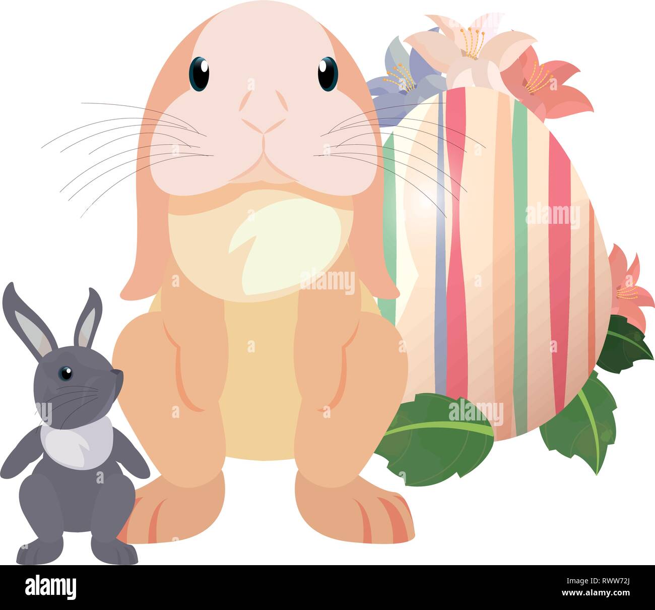 cute rabbits and decorative egg flowers easter vector illustration ...
