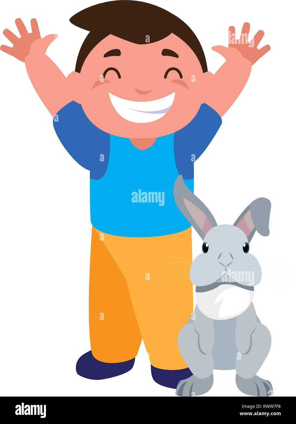 smiling boy hands up and rabbit vector illustration Stock Vector Image ...