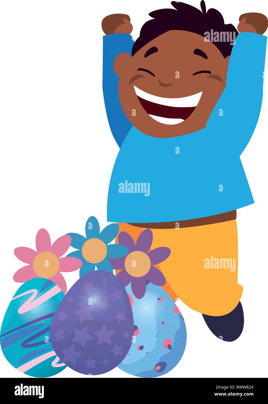 happy young boy with easter eggs flowers decoration vector illustration ...
