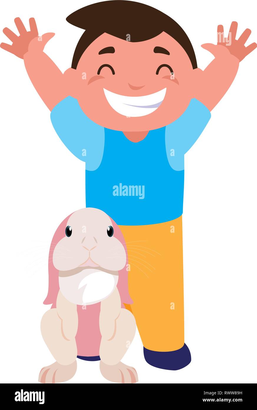 smiling boy hands up and rabbit vector illustration Stock Vector Image ...
