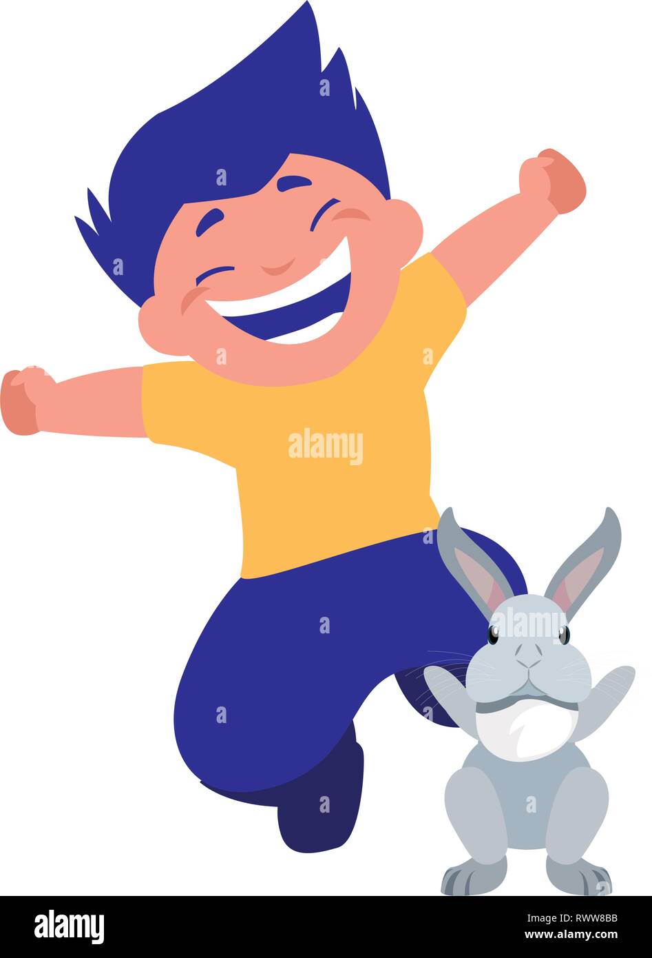 smiling boy hands up and rabbit vector illustration Stock Vector Image ...