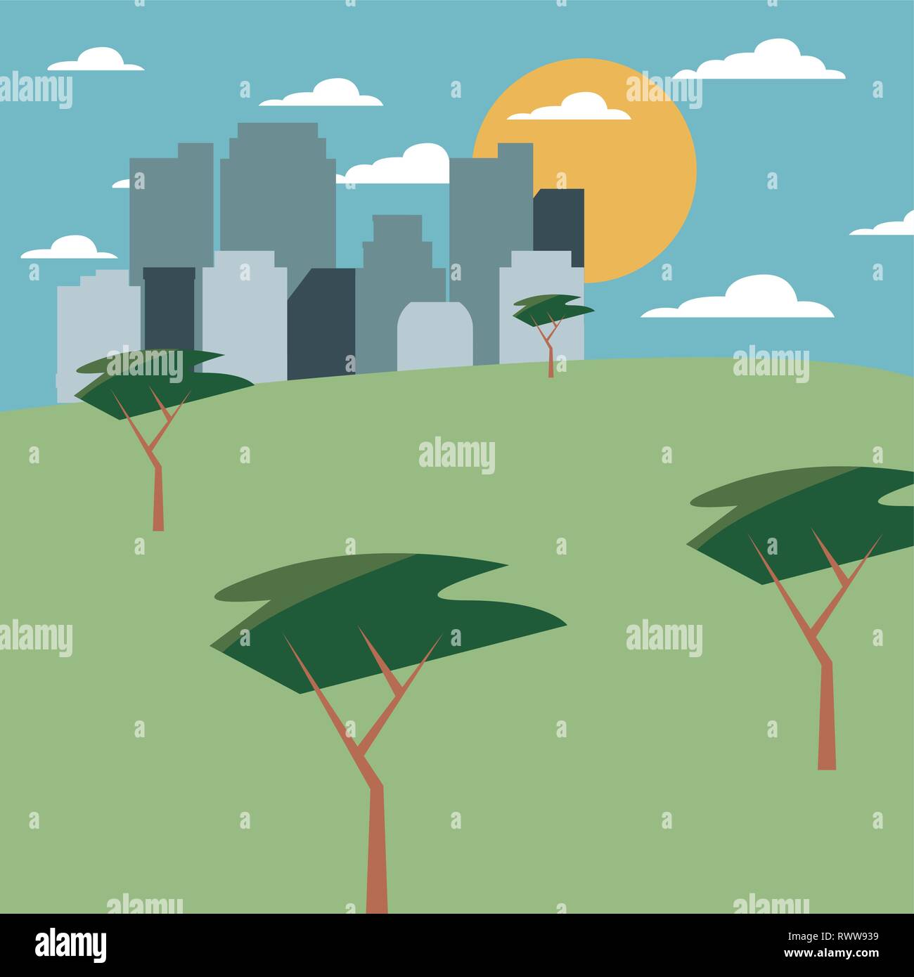 cityscape towers park sunny day vector illustration Stock Vector Image ...