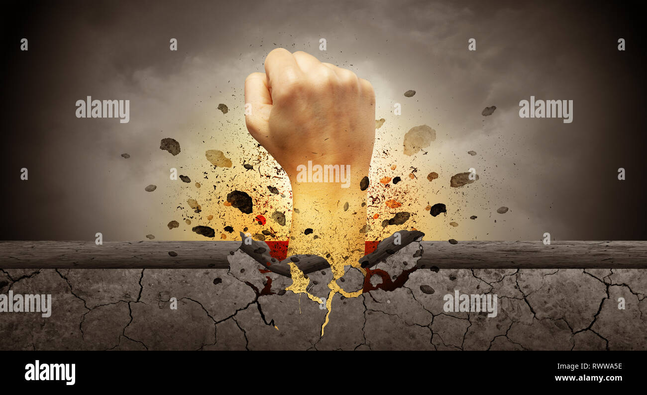 Big hand hits intense and breaks a crass stonewall Stock Photo - Alamy