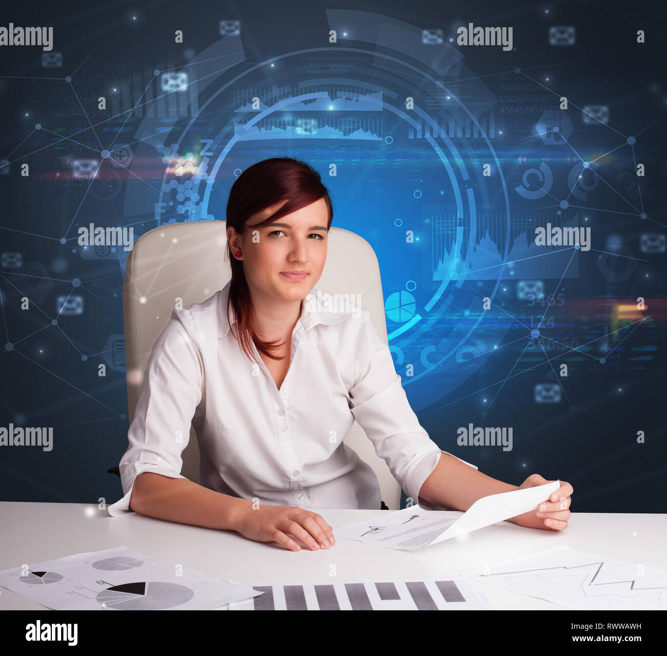 Manager in front of the office desk with connections and teamwork ...