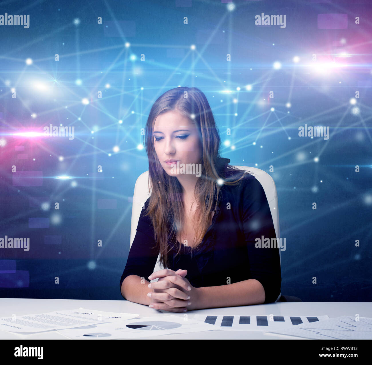 Manager in front of the office desk with networking concept Stock Photo ...