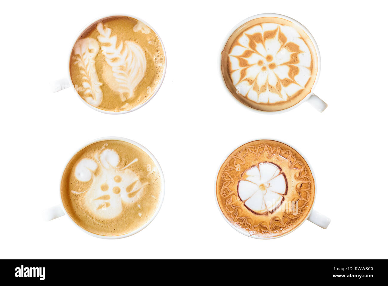 Top view of hot cappuccino with nice milk pattern on white background ...
