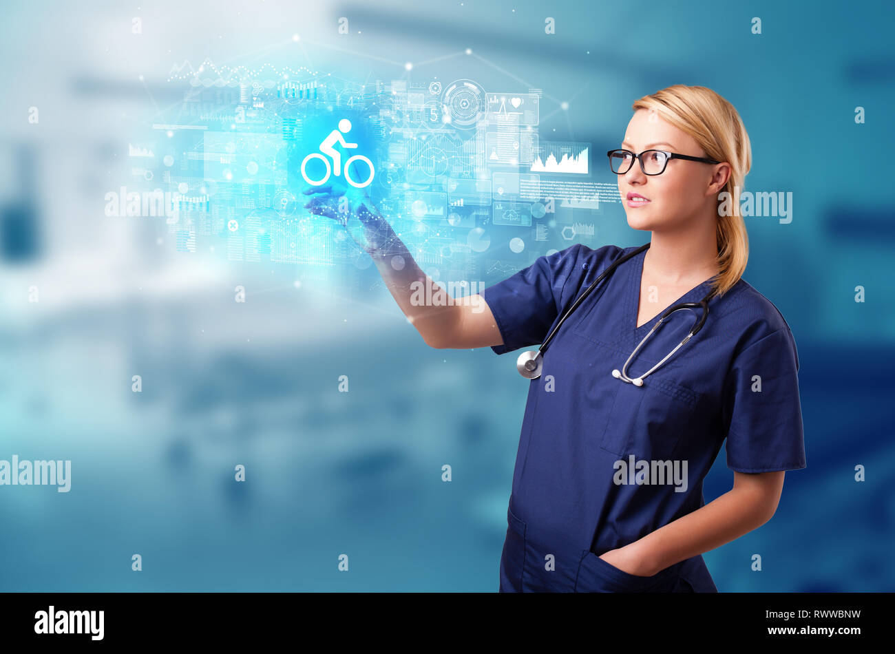 Doctor touching hologram screen displaying healthcare running symbols ...